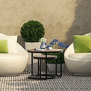 Smuxee Nesting Coffee Table Set of 2, 23.6" Round Coffee Table Wood Grain Top with Adjustable Non-Slip Feet, Industrial End Table Side Tables for Living Room Bedroom Balcony Yard