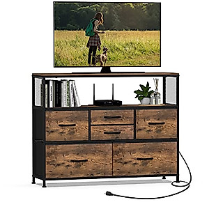Simoretus TV Stand with Power Outlet and Fabric Drawers Entertainment Center for TV up to 45 inch Industrial Open Storage Shelf Media Console Dresser for Living Room Bedroom