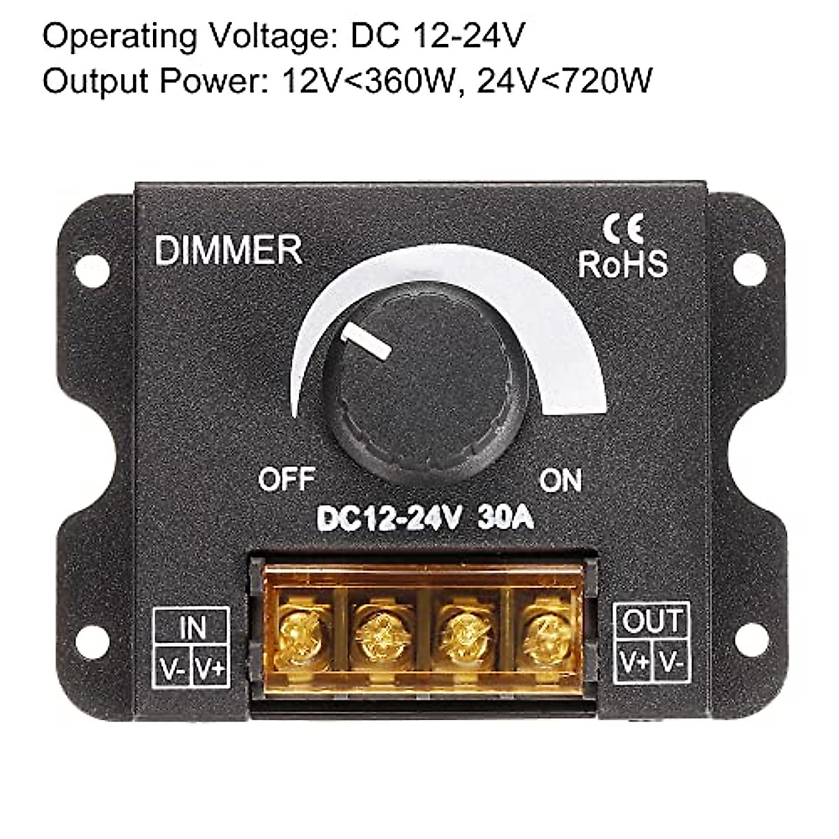 MECCANIXITY LED PWM Dimmer DC 12V 24V 30A Knob ON/Off Switch Dimming Controller with Metal Shell for Single Color Lighting LED Strips, Black