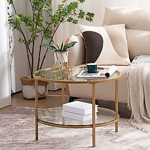 VINGLI 25.6" Round Gold Coffee Tables for Living Room, 2-Tier Glass Top Coffee Table with Storage Clear Coffee, Simple & Modern Center Table for Small Space