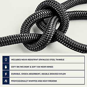 Rainier Supply Co. Boat Anchor Line - 100 ft x 1/2 inch Anchor Rope - Double Braided Nylon Anchor Boat Rope with 316SS Thimble and Heavy Duty Marine Grade Snap Hook - Black