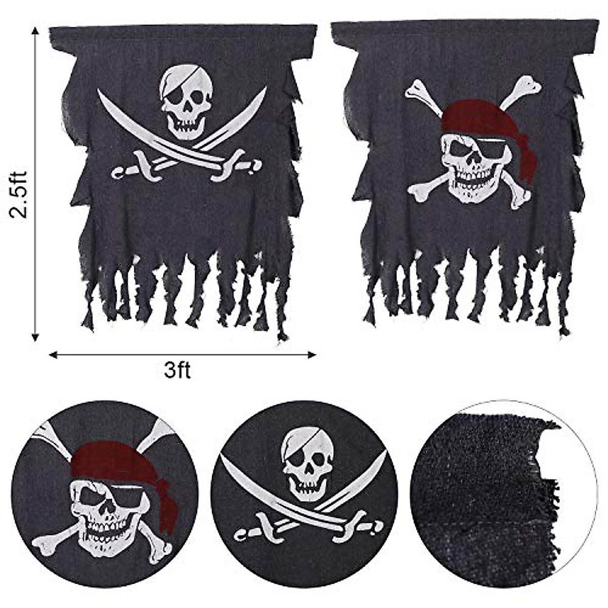 2 Pieces Halloween Pirate Flag 3 x 2.5 Feet Jolly Roger Flag Weathered Pirate Flag Retro Pirate Creepy Ragged Flag Skull Bones Pirate Banner for Halloween Decorations, Pirate Party, Kids Room Decor