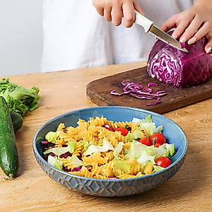 Sureasy Ceramic Pasta Bowls, 30oz Large Salad Bowl, 8.5 inch Embossed Serving Bowl for Kitchen, Wide and Shallow Plates Bowls Set of 4, Microwave, Oven and Dishwasher Safe, Gifts, Blue