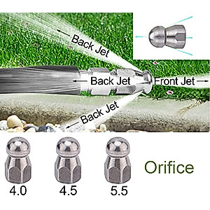 Sewer Jetter Kit for Pressure Washer 100 Ft, 1/4 Inch NPT Drain Cleaning Hose, Orifice 5.5, 4.5, 4.0 Button Rotating and Button Hose Sewer Jetting Nozzle (4000 PSI)