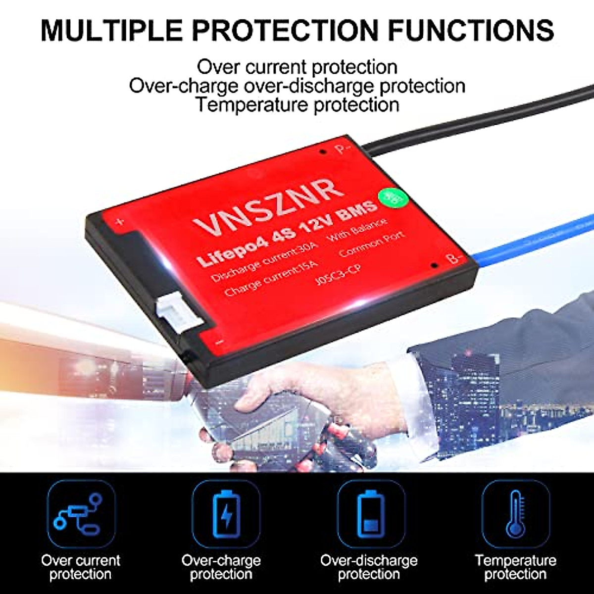VNSZNR LiFePO4 BMS 4S 12V 30A Lithium Iron Phosphate Battery Management System PCB Protection Board with Balance Leads Wires for LiFePO4 3.2V Cells Battery Pack