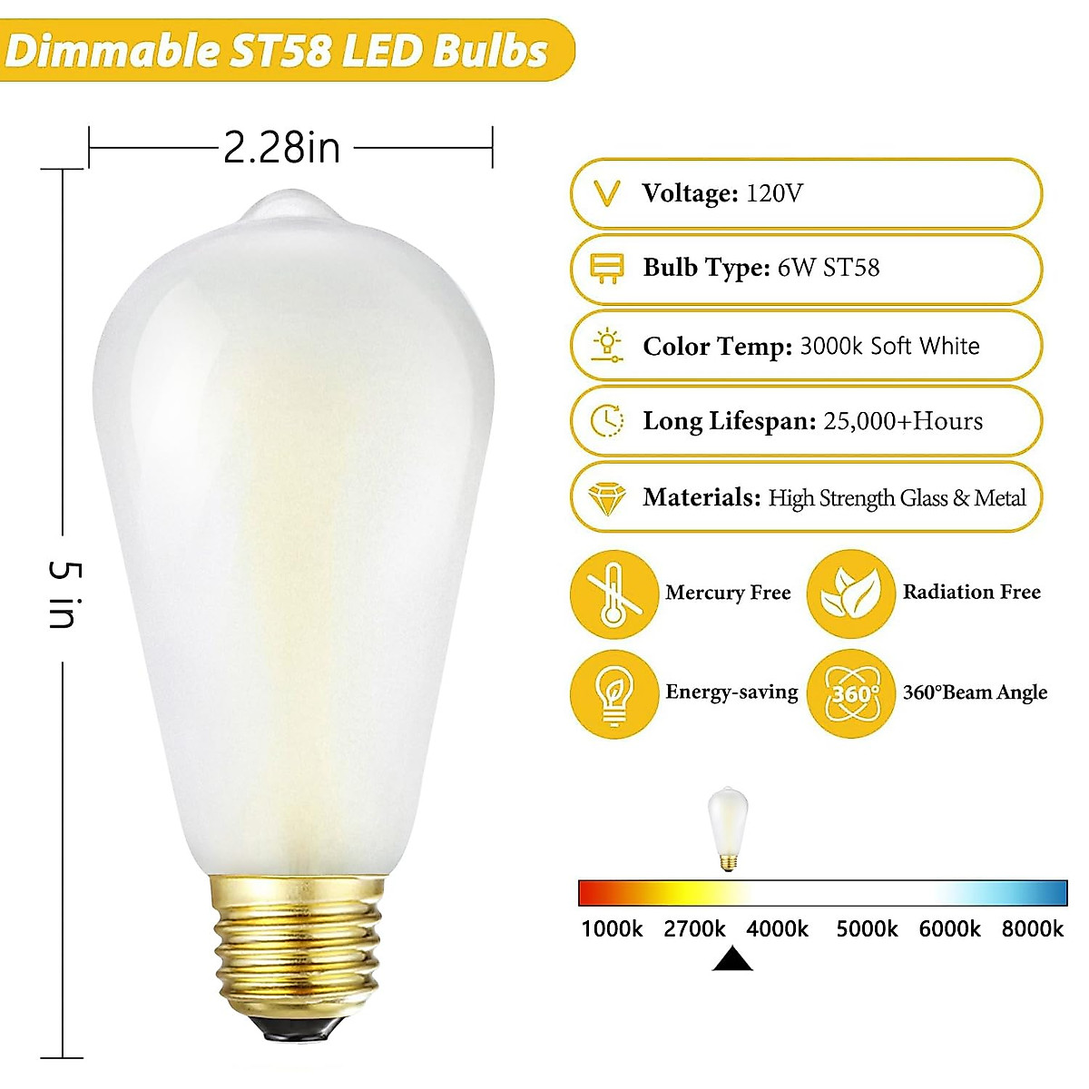 HOMOSUM E26 Frosted LED Edison Bulbs, 6W Equivalent 60W,600LM,AC120V, Soft White 3000K,ST58 Dimmable Antique LED Filament Bulbs with 90+ CRI, Pack of 6 (6W=60W Soft White)