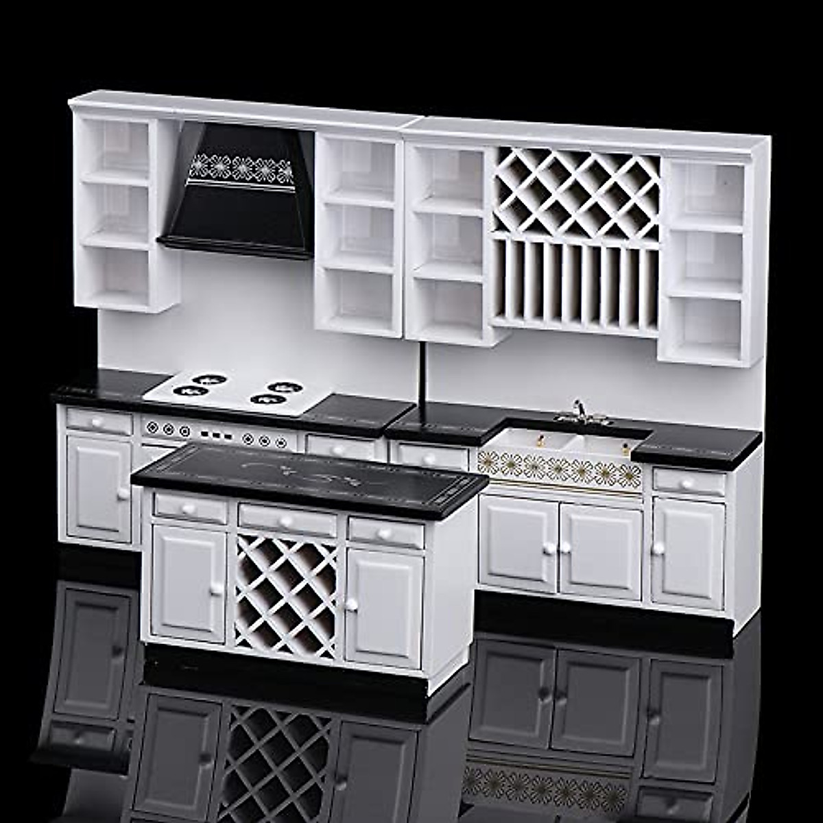 1:12 Scale Mini House Wooden Furniture Miniature Kitchen Cabinet Mini Bar Counter Furniture Set (White and Black)