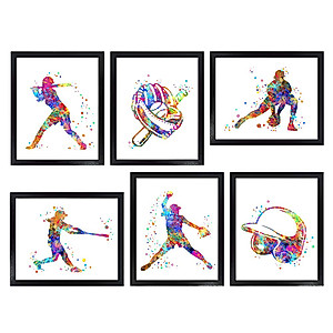 Dignovel Studios Unframed (Set of 6) 8X10 Watercolor Girl Baseball Softball helmet glove ball bat blazer Sport Art print Bedroom Wall Art dnc4