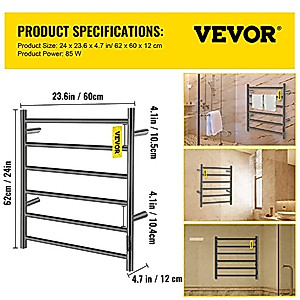 VEVOR Heated Towel Rack, 6-Bar Towel Warmer Rack, Wall Mounted Electric Towel Warmer, Electric Towel Drying Rack with Timer, Matte Black Stainless Steel Heated Towel Warmer for Bath, Plug-in/Hardwired