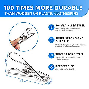 Heavy Duty Clothes Pins for Hanging Clothes, Stainless Steel Clothespins for Landry, Metal Clothes Clips, Clothes Pegs