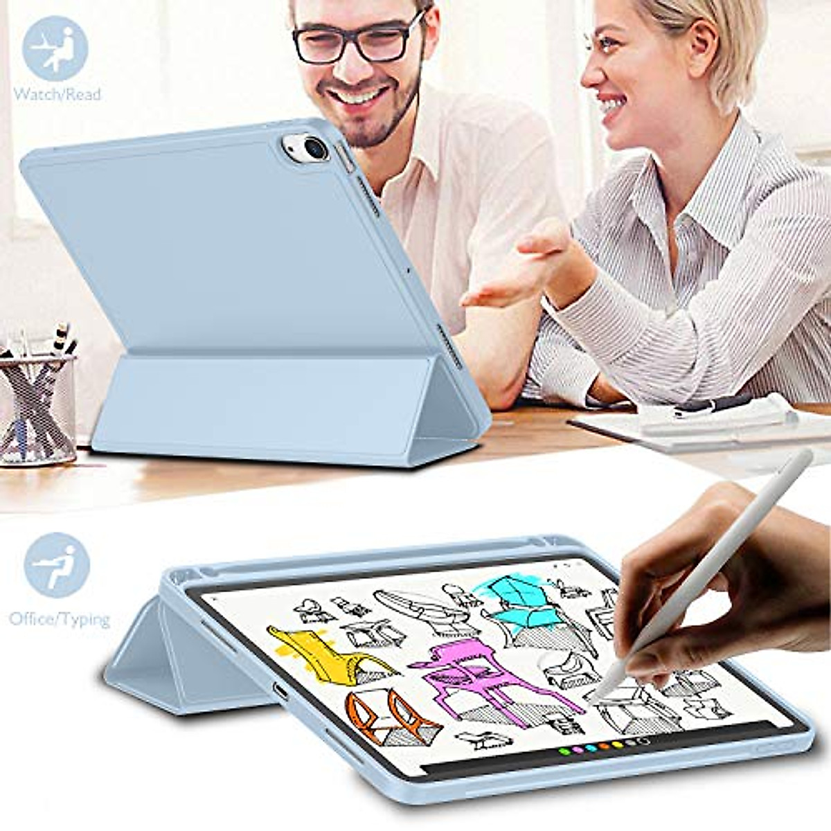 iMieet New iPad Air 5th Generation Case 2022/iPad Air 4th Generation Case 2020 10.9 Inch with Pencil Holder [Support Touch ID and iPad 2nd Pencil Charging], Trifold Stand Smart Case (Sky Blue)