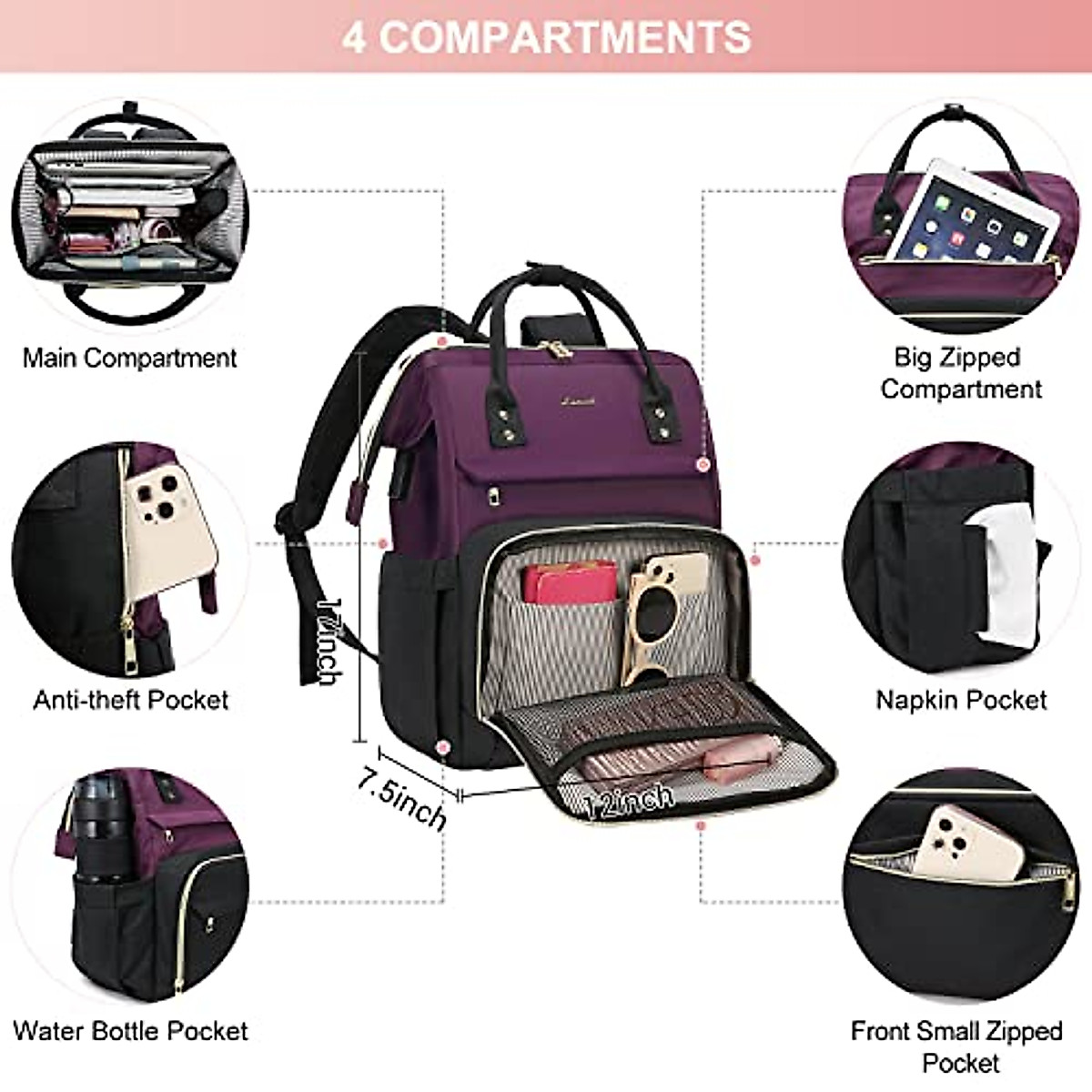 LOVEVOOK Laptop Backpack Purse for Women, 17 Inch Computer Business Stylish Backpacks, Doctor Nurse Bags for Work, Casual Daypack Backpack with USB Port, Dark Purple-Black
