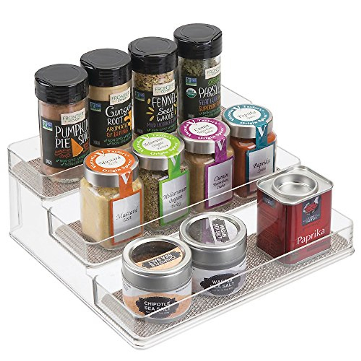 iDesign Twillo Plastic Stadium Spice Rack, 3-Tier Organizer for Kitchen Pantry, Cabinet, Countertops, Vanity, Office, Craft Room, 9.2" x 10" x 4", Metallico and Clear
