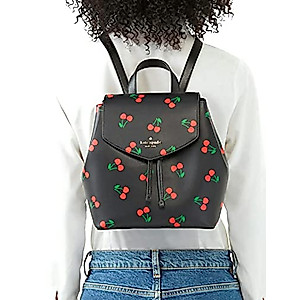 Kate Spade Lizzie Medium Flap Backpack Black Bag Purse Cherry Print