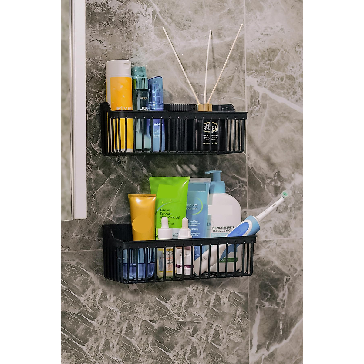 ATA HOME Shower Caddy Bathroom Shelves, Black Hanging Shower Organizer, 2-Pack Large Capacity No Drilling Easy Installation with Adhesive, Shower Shelf for Inside Shower ABS