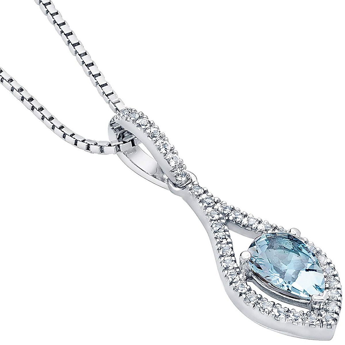 PEORA Aquamarine Pendant for Women 14K White Gold with White Topaz, Teardrop Halo Design, Genuine Birthstone Gemstone, 0.86 Carat Pear Shape 7x5mm, with 18 Inch Chain