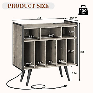IDEALHOUSE Record Player Table Stand, Grey Record Album Storage Cabinet with Power Outlet, Large Wooden Turntable Stand for Living Room, Bedroom, Office