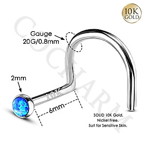 COCHARM 10k White Gold Nose Stud 20g Blue Opal Screw Nose Stud for Women Men White Gold Cute Twist Nose Stud