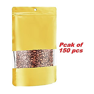 BAAGGNAA 150 Pack Stand up Matte Metallic Ziplock Bags with Clear Front Window Heat-Sealable Resealable Solid Color Pouches for Food Storage Containers Organizer(Gold,5.5 * 7.9 inch,Pack of 150)