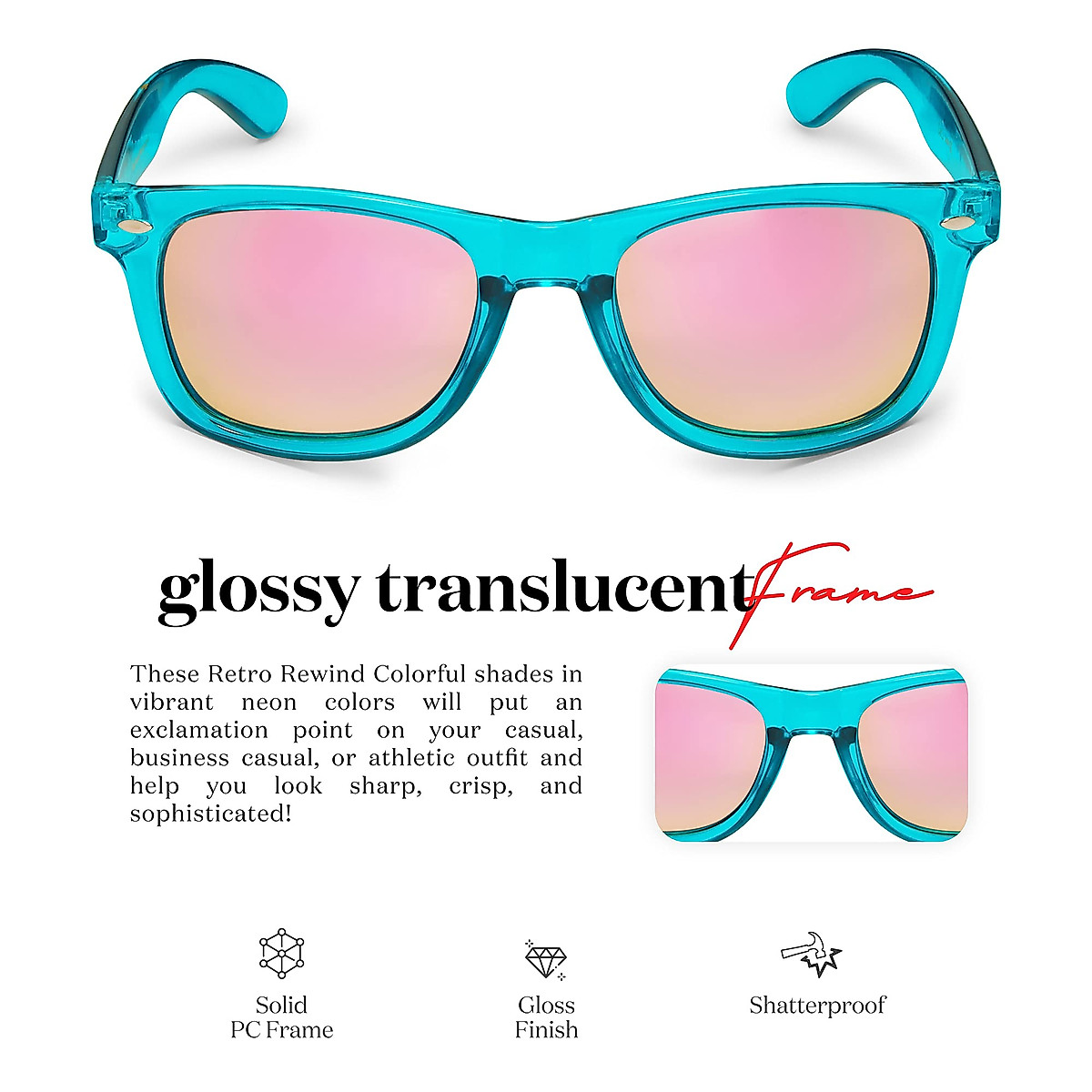 Retro Rewind Translucent Frame Colorful Neon 80s Sunglasses for Men Women - Reflective Mirrored Lens