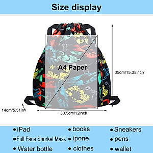 RHCPFOVR Drawstring Backpack for Kids - Dinosaur Bags for Girls Gym Dance Beach Swim Travel Bag With Two Water Bottle Holder