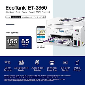 Epson EcoTank Wireless Color All-in-One Cartridge-Free ET-3850 Supertank Inkjet Printer for Home Office, Scanner, Copier, ADF and Ethernet, Mobile Printing, with Bonus Black Ink Bottle & USB Cable