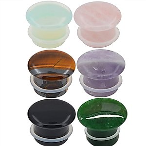 blue palm jewelry Set of 6 Pairs Single Flare Stone Ear Plugs Silicone O-Ring Expander Gauges 8ga - 5/8 inch E554