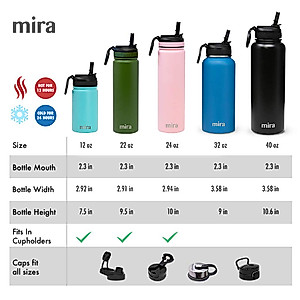 MIRA Water Bottle with Straw and Handle Lid Vacuum Insulated Stainless Steel Metal Thermos Bottle - Reusable Leak Proof Keep Cold Sports Flask - 32 oz, 2 Lids, Black