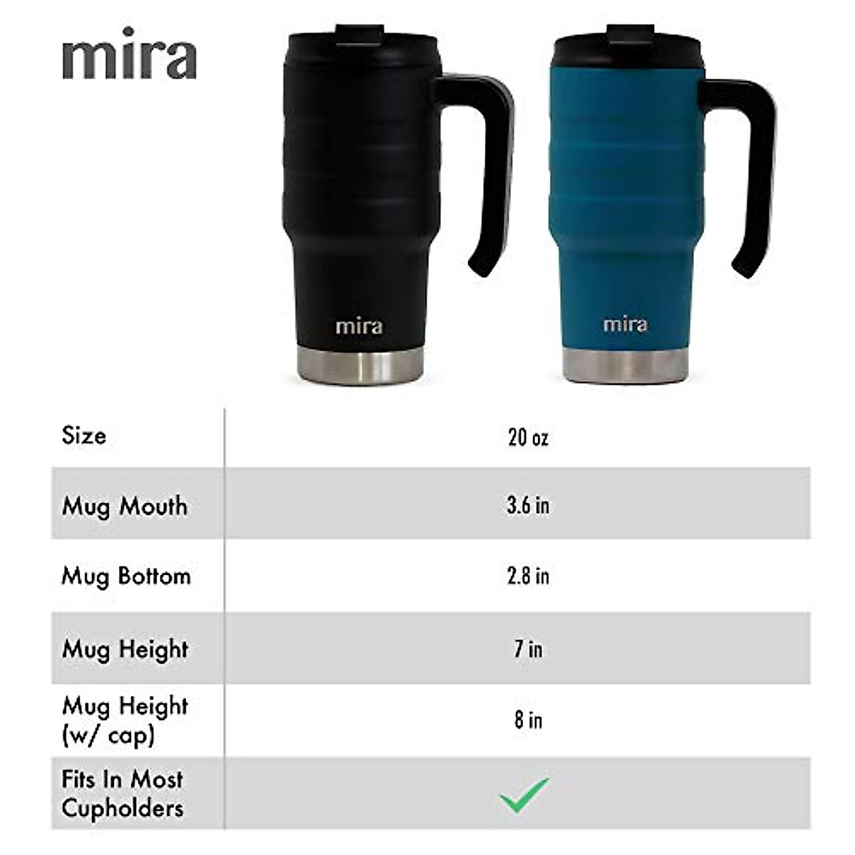 MIRA 20 oz Stainless Steel Travel Car Mug with Handle & Spill Proof Twist On Flip Lid - Vacuum Insulated Thermos Tumbler Keeps Coffee, Tea, Drinks Piping Hot or Ice Cold - Gray