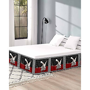 Retro Ches Bed Skirt King Size 16 Inch Drop, Adjustable & Elastic Wrap Around Bed Skirts Pleated Luxury Dust Ruffles for Twin Full Queen Cal King Base Bed, Black White Checkered Flowers Red
