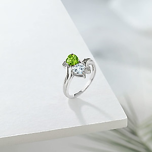 Gem Stone King 925 Sterling Silver Green Peridot Sky Blue Aquamarine and White Diamond Ring For Women (1.53 Cttw, Heart Shape 6MM, Gemstone August Birthstone, Available In Size 5, 6, 7, 8, 9)