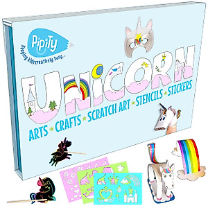 Pipity Unicorns Arts & Crafts Kit, Gifts for Girls Age 5,6,7, 8+. 50 Creative Unicorn Activities Set: Paper Craft, Coloring, Stickers, Stencils, Scratch Art, Puzzles for Kids. Smart Gift Box Folder