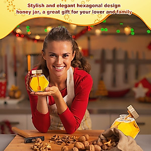 Sunnyray 8 Pcs 220 ml Glass Honey Jars with Dipper Hexagonal Honey Pot Jars Clear Glass Honey Dispenser Small Honey Containers Honey Bottle with Wooden Dipper and Cork Lid for Home Storage Kitchen