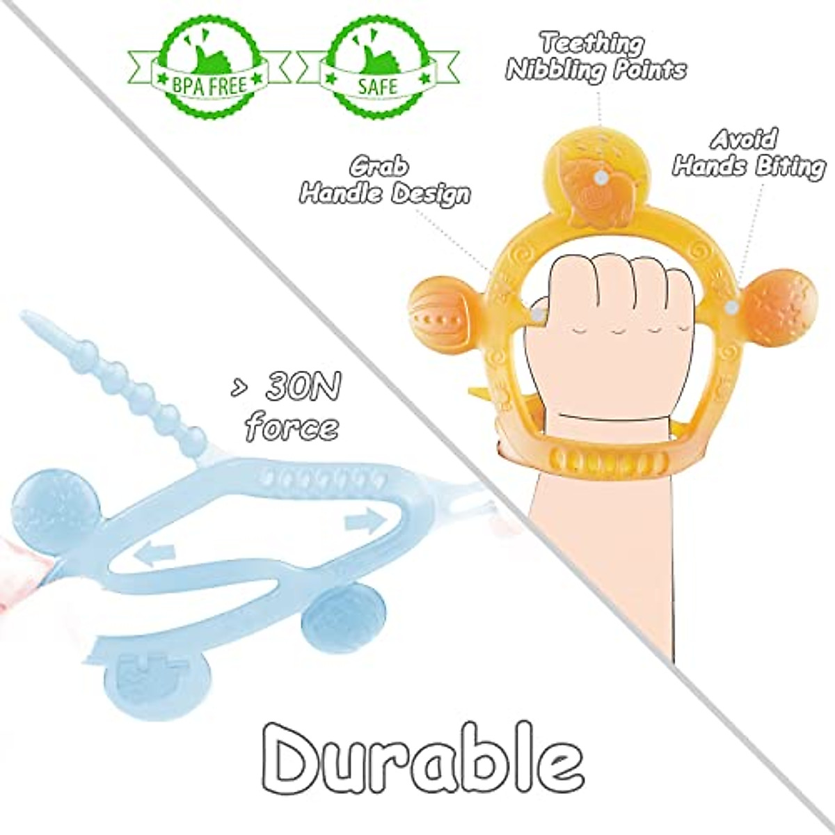 【Never Drop from Hand】 HEORSHE 2 Pack Baby Teething Toys for Babies 3-6 Months Teethers for Infant Toddlers Silicone Molars Adjustable Chew Toys for Babies 3 4 5 6 7 8 9 10 11 12 Months (Brown + Blue)