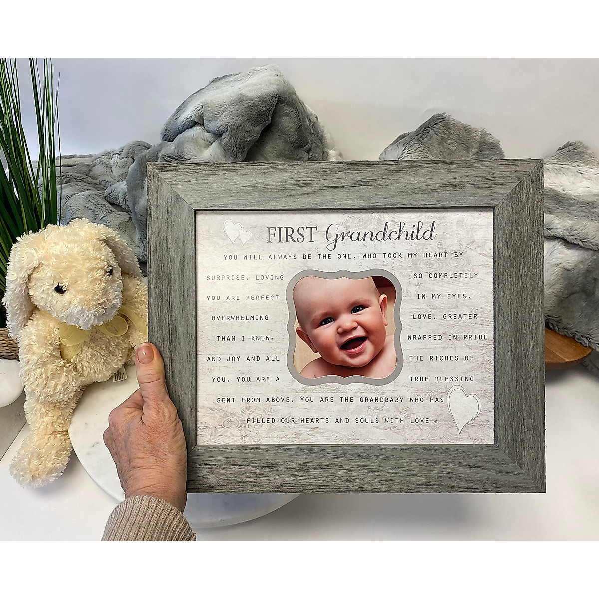 The Grandparent Gift Co. First Grandchild Poem 8 x 10 Inch Distressed Gray Picture Frame, Holds 3" Photo