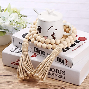 Vosarea Wood Bead Garland Rustic Farmhouse Beads with Tassel Home Wall Hanging Prayer Beads Decor Beads Wooden