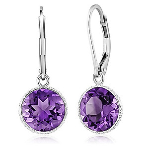 Gem Stone King 925 Sterling Silver Purple Amethyst Leverback Dangle Earrings For Women (8.00 Cttw, Gemstone Birthstone, Round 10MM)