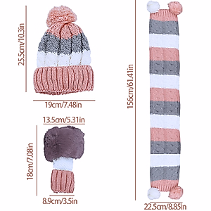 Women Girls Knit Beanie Hat Scarf and Gloves Set,Winter Fleece Lined Beanie Knit Hat with Pompom,Half Gloves and Long Scarf