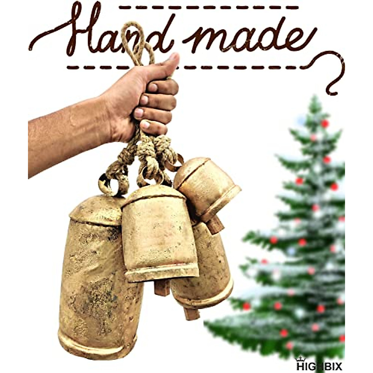 HIGHBIX Set of 3 Giant Harmony Cow Bells Huge Vintage Handmade Rustic Lucky Christmas Hanging XL Bells On Rope (Country Rustic, X-Large)