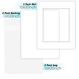 Golden State Art, White Pre-Cut 16x20 Picture Mat for 11x14 Photo with White Core Bevel Cut Mattes Sets. Includes High Premier Acid Free Mats & Backing Board & Clear Bags (5 Kit)