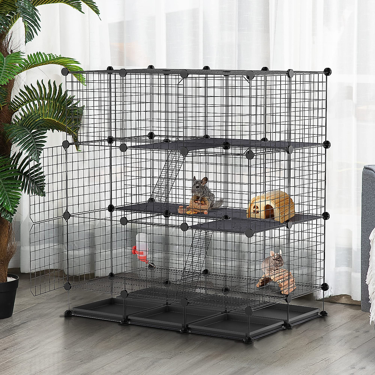 PawHut Small Animal Playpen C&C Cage Wire Bunny Pen for Kitten, Chinchillas, with Doors, Ramps and Trays, Black