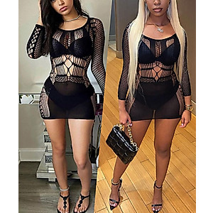 XIUSEMY Womens Lingerie Dress Sexy Babydoll Bodycon Fishnet Dress One Piece Mesh Teddy Fishnet Chemise Nightwear One Size(Black)