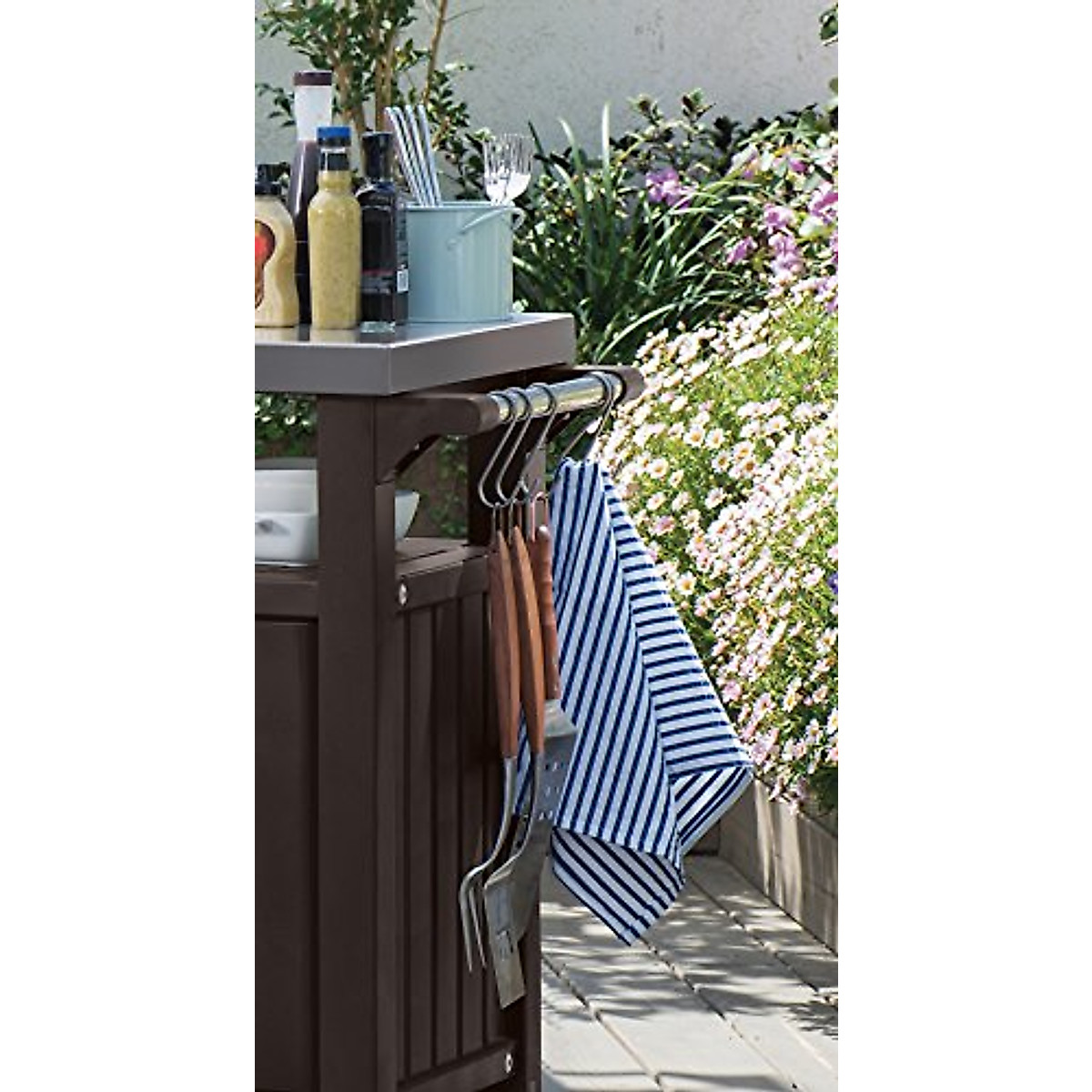 Keter Unity Portable Outdoor Table and Storage Cabinet with Hooks for Grill Accessories-Stainless Steel Top for Patio Kitchen Island or Bar Cart