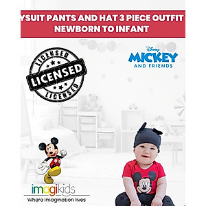 Disney Mickey Mouse Newborn Baby Boys Bodysuit Pants and Hat 3 Piece Outfit Set Red/Gray 6-9 Months