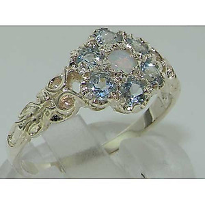 925 Sterling Silver Real Genuine Opal and Aquamarine Womens Anniversary Ring - Size 8