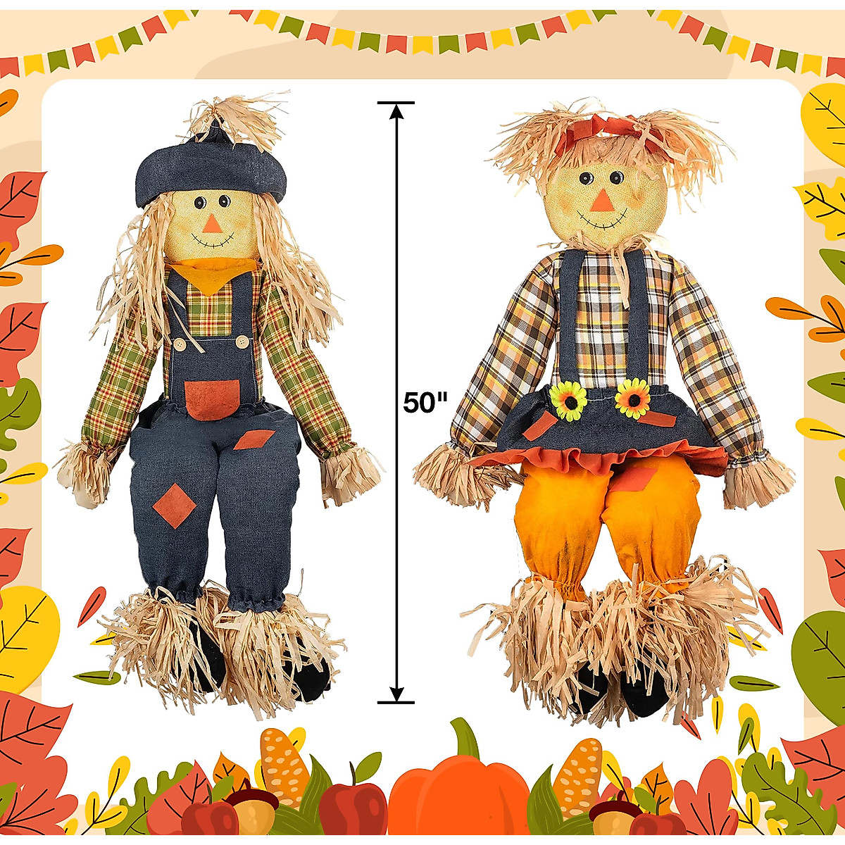 Large Thanksgiving Sitting Scarecrow Decor, Set of 2 50" Boy Girl Sitting Couple Scarecrows Deluxe Holiday Indoor Outdoor Fall Decoration for Autumn Harvest Home Porch Yard Garden Fireplace Mantle