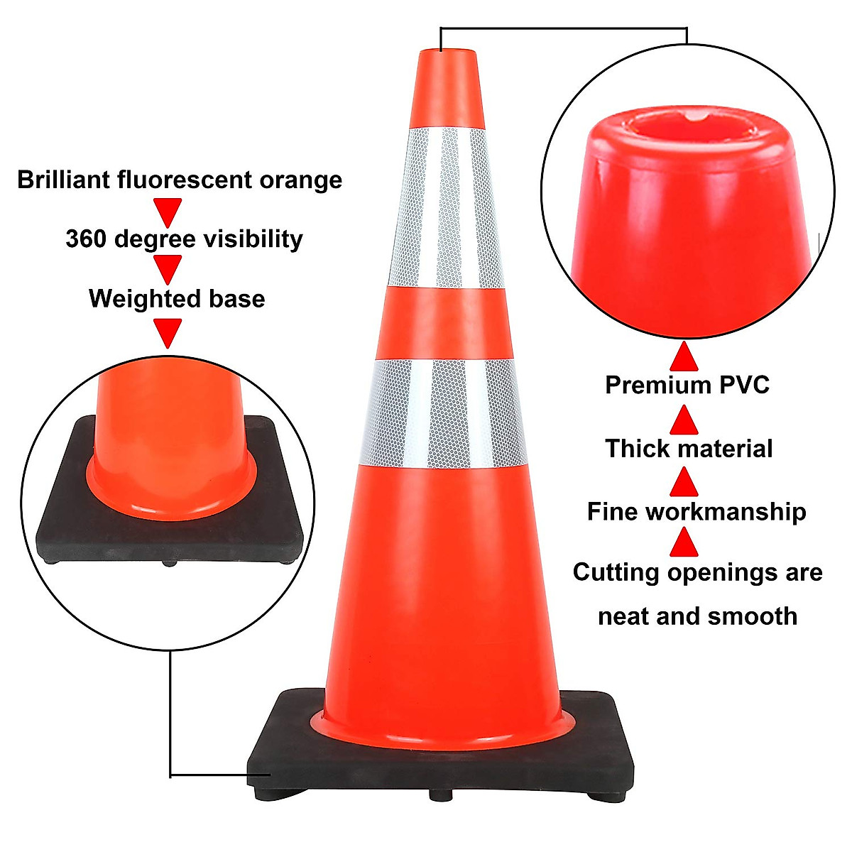 Reliancer 6PCS 28" Traffic Cones PVC Safety Road Parking Cones with Black Weighted Base w/6"&4" Reflective Collars Fluorescent Orange Hazard Cones Construction Cones for Traffic or Home Improvement