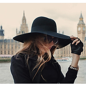 Lanzom Women Lady Retro Wide Brim Large Floppy Panama Hat Belt Wool Fedora Hat (Black 2, One Size)