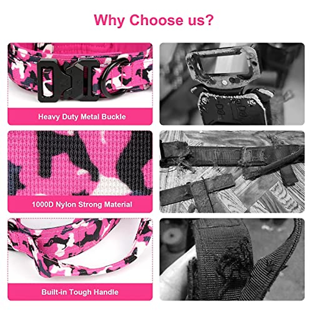 Tactical Dog Collar for Medium Large Dogs, WANYANG Military Dog Collar with Quick Release Metal Buckle K9 Dog Training Working, Adjustable Nylon Collars with Handle, Pink Camo