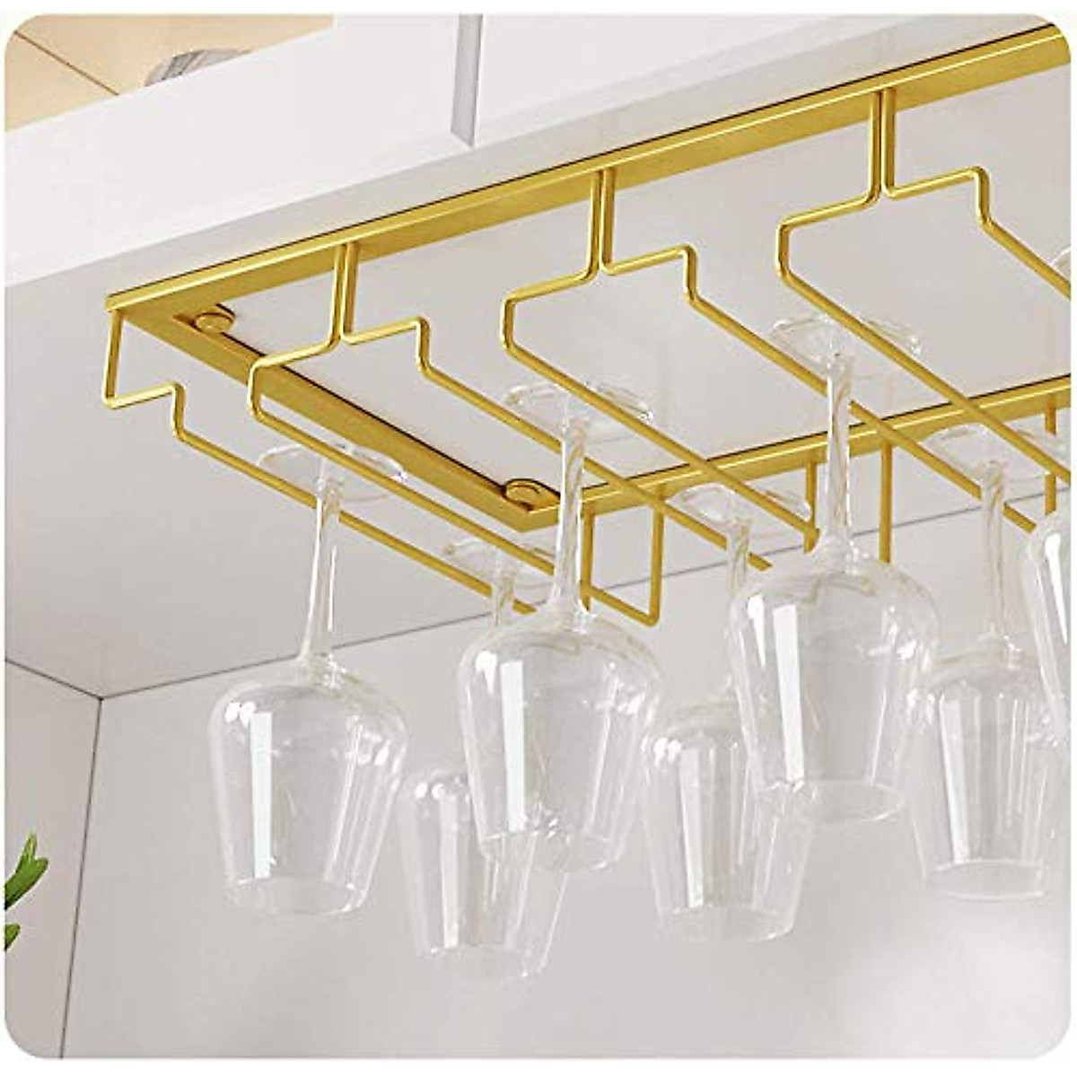 Wine Glass Rack under Cabinet Stemware Rack, Wine Glass Holder Organizer for Cabinet Kitchen Bar Glasses Storage Hanger(Gold)